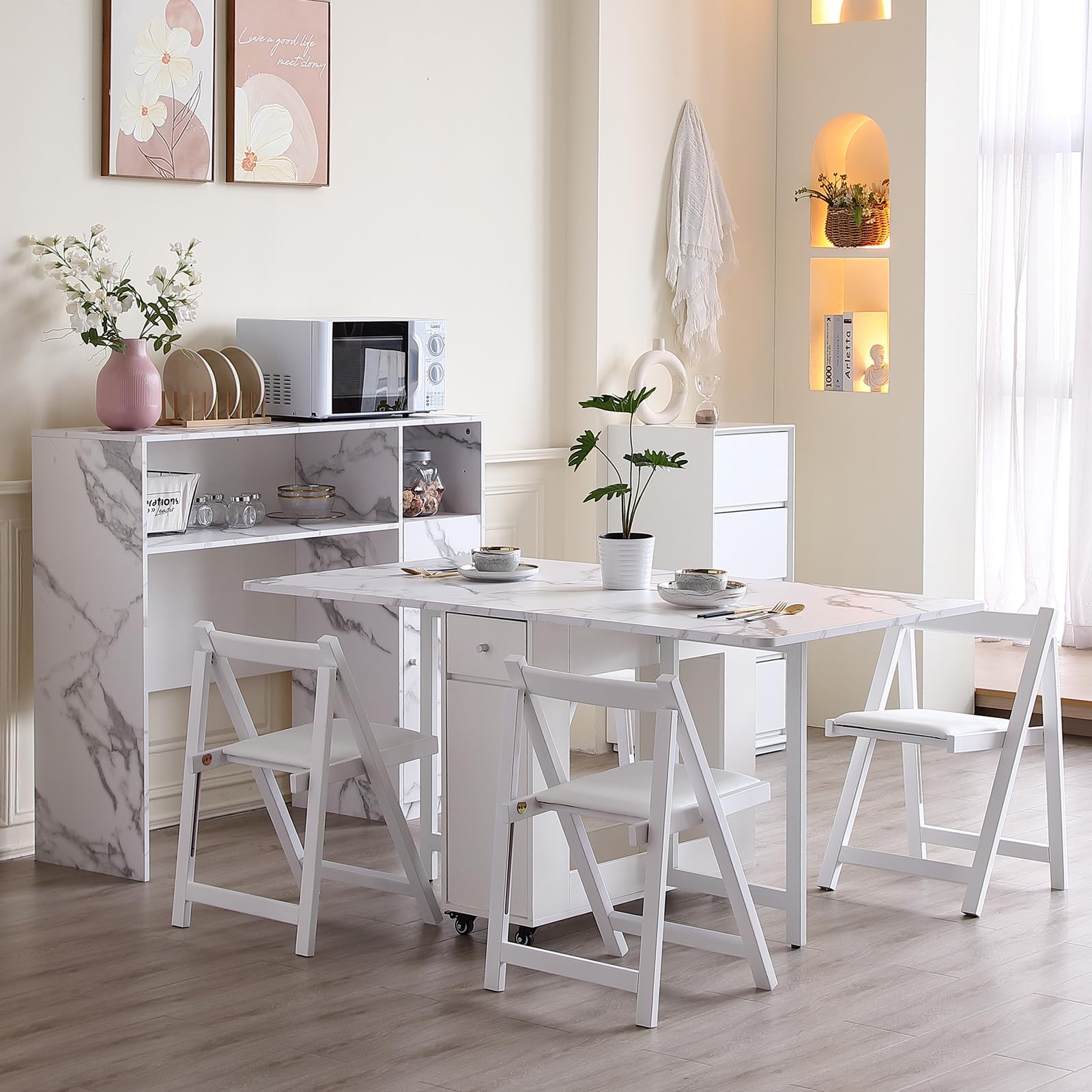 FUNROLUX Folding Dining Table and Sideboard Cabinet Set, Movable Kitchen Table and Buffet Cabinet with Storage Space for Dining Room, Living Room (White)