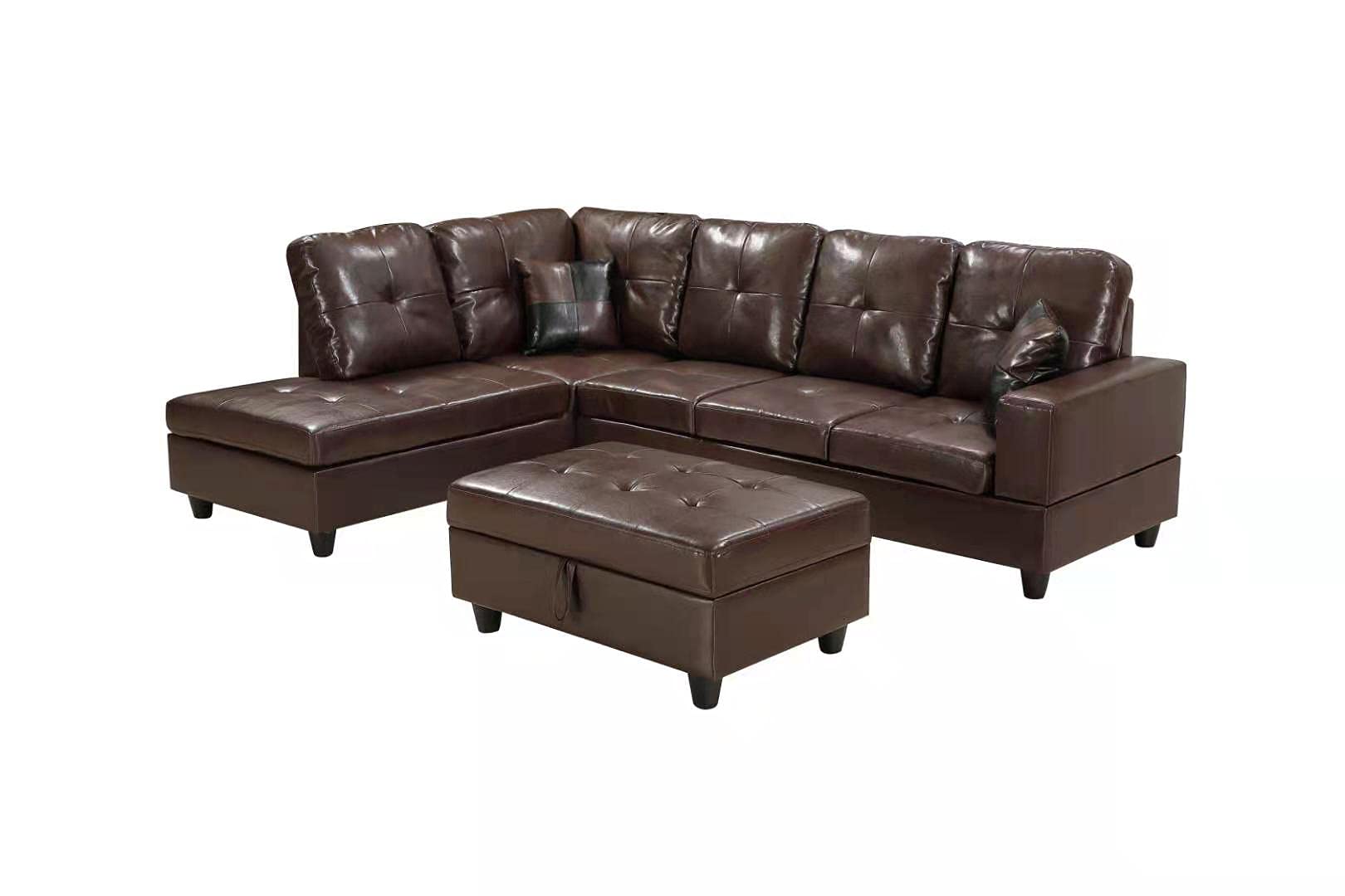 BIADNBZ Sectional PU Faux Leather Sofa L-Shaped Couch with Left Chaise Lounge, Storage Ottoman and 2 Pillows for Living Room Apartment Office, Brown