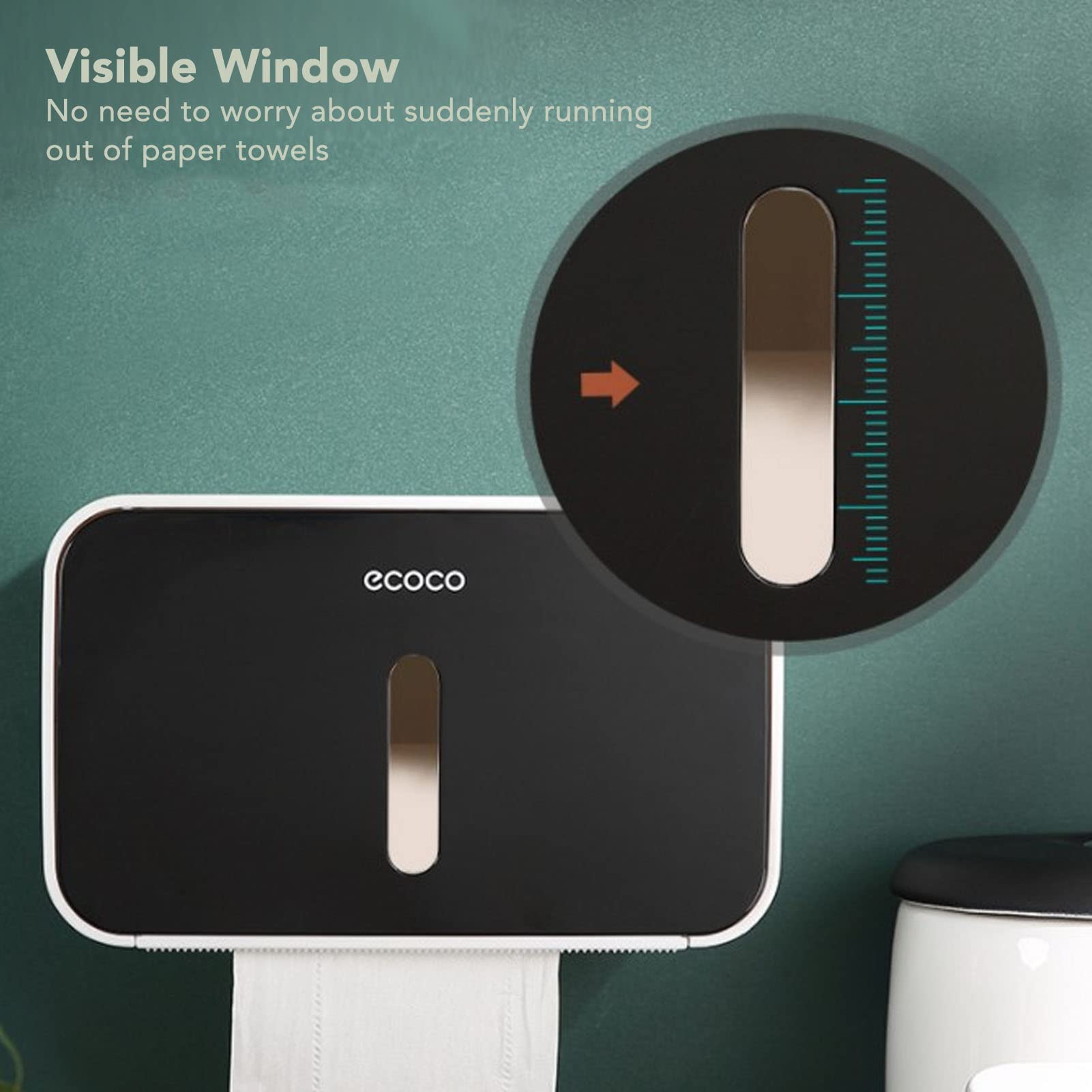 Wall Mounted Bathroom Paper Towel Holder, Non Perforated Toilet Paper Roll Holder, Large Capacity Waterproof Paper Towel Dispenser, Double Spout for Soap, Cell Phone or Other Items(Black)