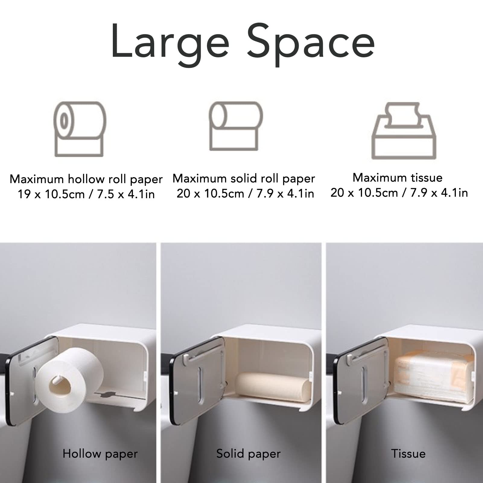 Wall Mounted Bathroom Paper Towel Holder, Non Perforated Toilet Paper Roll Holder, Large Capacity Waterproof Paper Towel Dispenser, Double Spout for Soap, Cell Phone or Other Items(Black)