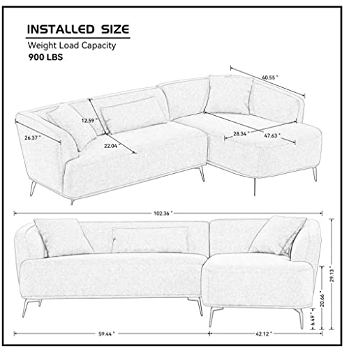 WXBDD L-Shape Sectional Sofa Couch with Chaise,Metal Legs,Light Grey