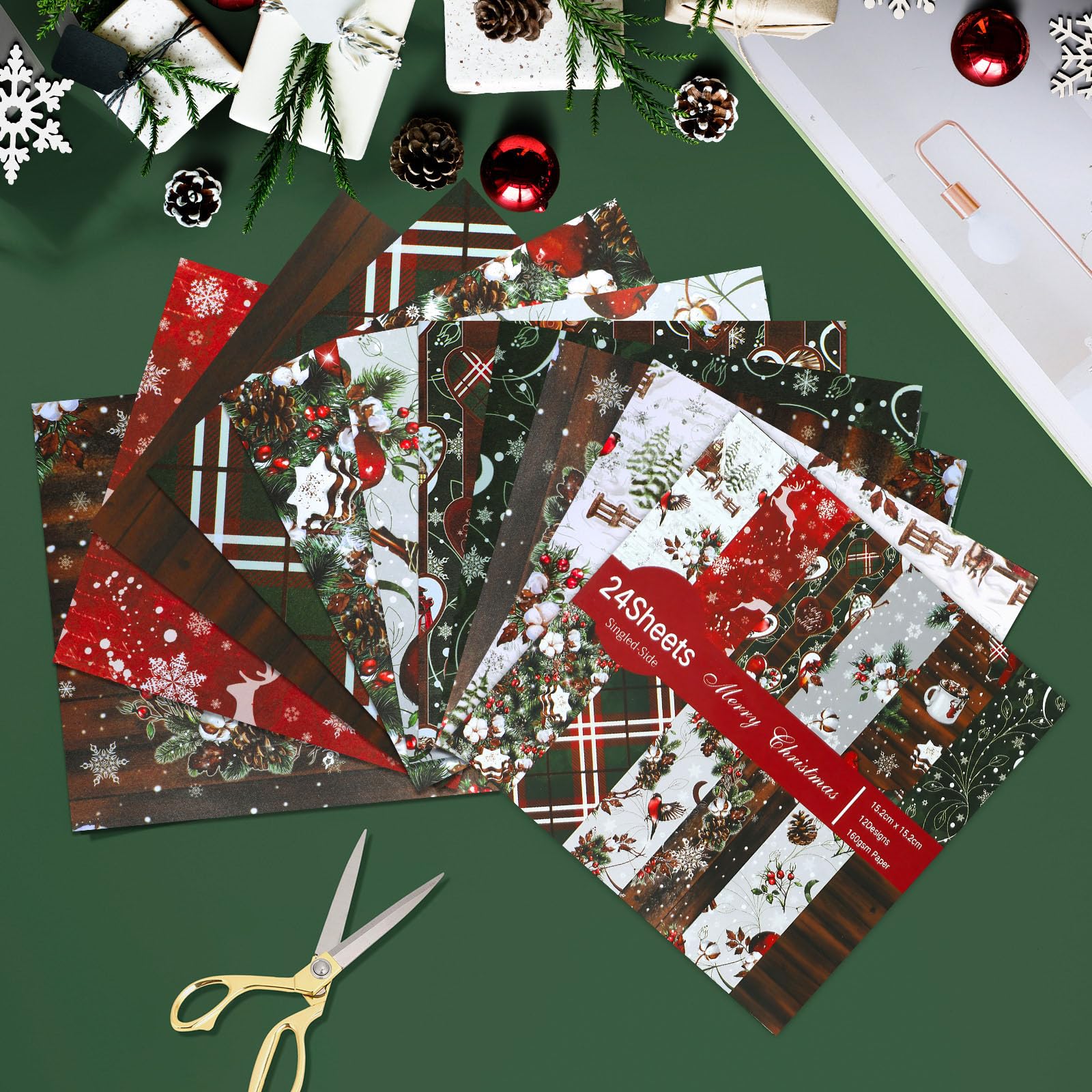 PUIKSXER 6"x6" Merry Christmas Scrapbook Paper Pad, 24 Sheets Plaid Snowflake Deer Pinecone Wood Texture Pattern Paper Single-Sided Holiday Craft Paper for Junk Journal Card Making Album Party Decor