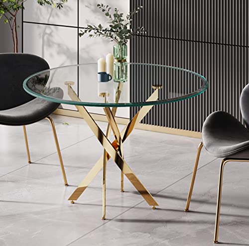 36" Round Dining Table for 4, Glass Kitchen & Dining Room Tables, Modern Circle Dining Room Table with 0.39" Tempered Glass Tabletop and Cross Stainless Steel Legs for Dinner Small Spaces