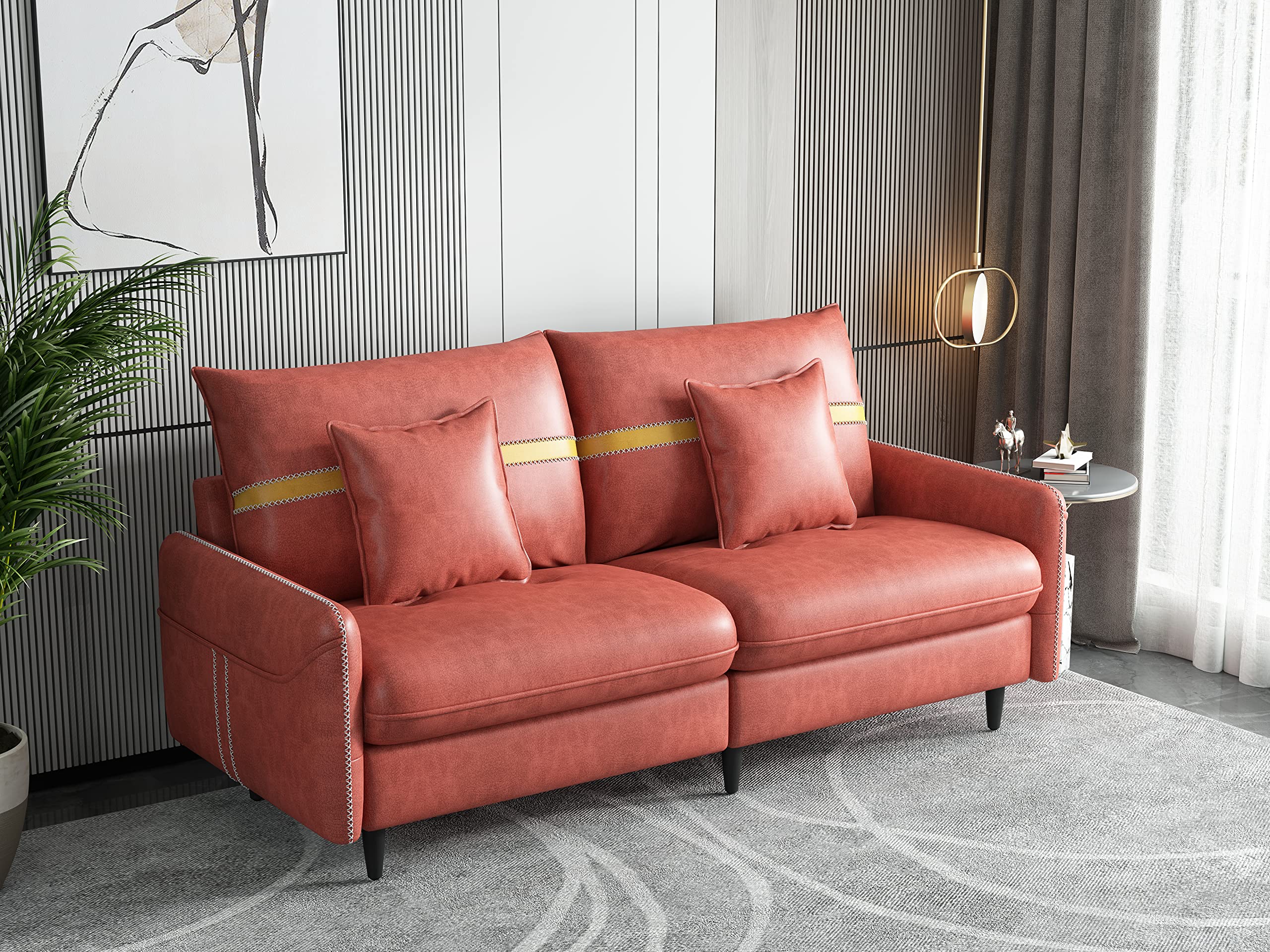 LCH 3 Durable Couch, Mid-Century Tufted Love Seat,Practical Comfortable, Suitable for Living Room, Bedroom, Office and Apartment,2 Pillows Included, Three-Seater Sofa,Orange