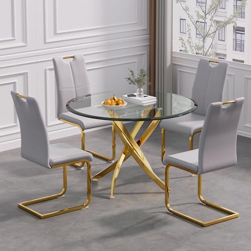 36" Round Dining Table for 4, Glass Kitchen & Dining Room Tables, Modern Circle Dining Room Table with 0.39" Tempered Glass Tabletop and Cross Stainless Steel Legs for Dinner Small Spaces