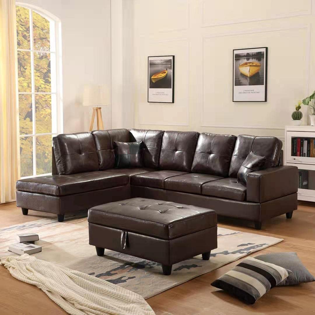 BIADNBZ Sectional PU Faux Leather Sofa L-Shaped Couch with Left Chaise Lounge, Storage Ottoman and 2 Pillows for Living Room Apartment Office, Brown
