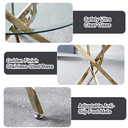 36" Round Dining Table for 4, Glass Kitchen & Dining Room Tables, Modern Circle Dining Room Table with 0.39" Tempered Glass Tabletop and Cross Stainless Steel Legs for Dinner Small Spaces