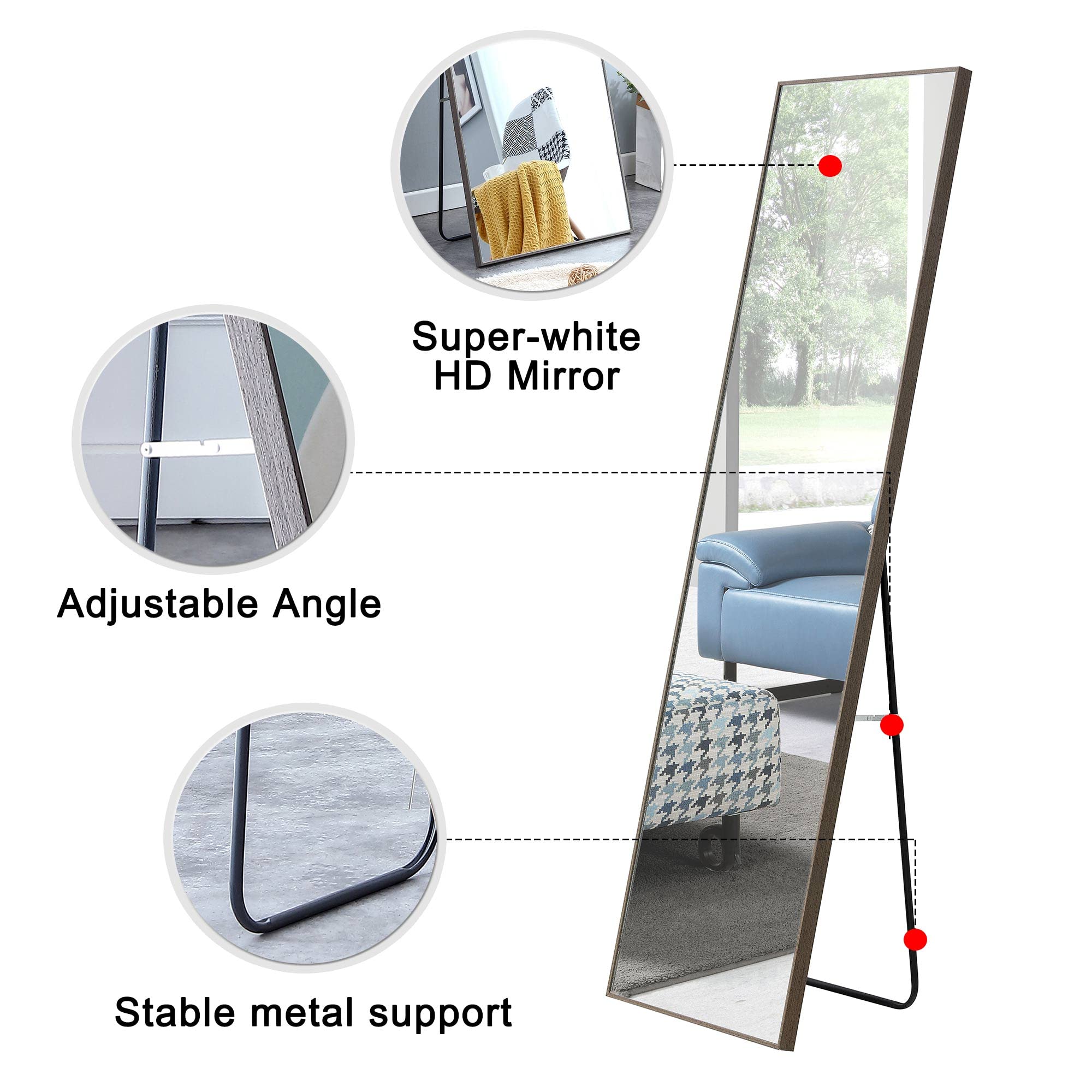 CIATRE Solid Wood Frame Full-Length Mirror - Dressing Mirror for Bedroom, Home Porch, and Clothing Store - Floor Mounted or Wall Mounted - 65" x 23"