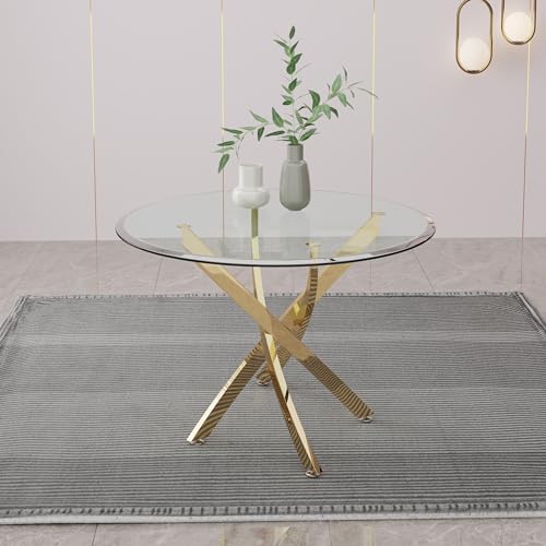 36" Round Dining Table for 4, Glass Kitchen & Dining Room Tables, Modern Circle Dining Room Table with 0.39" Tempered Glass Tabletop and Cross Stainless Steel Legs for Dinner Small Spaces