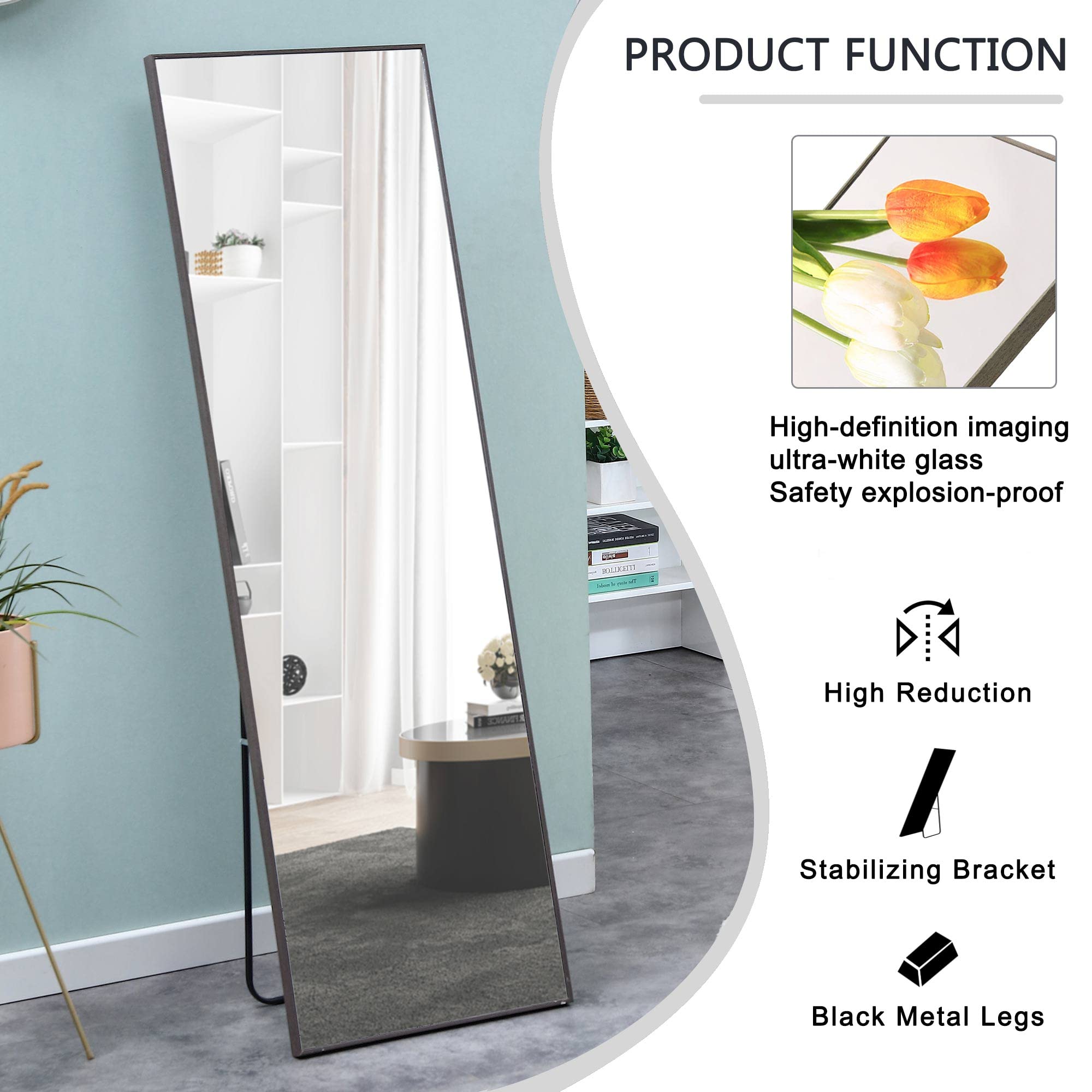CIATRE Solid Wood Frame Full-Length Mirror - Dressing Mirror for Bedroom, Home Porch, and Clothing Store - Floor Mounted or Wall Mounted - 65" x 23"
