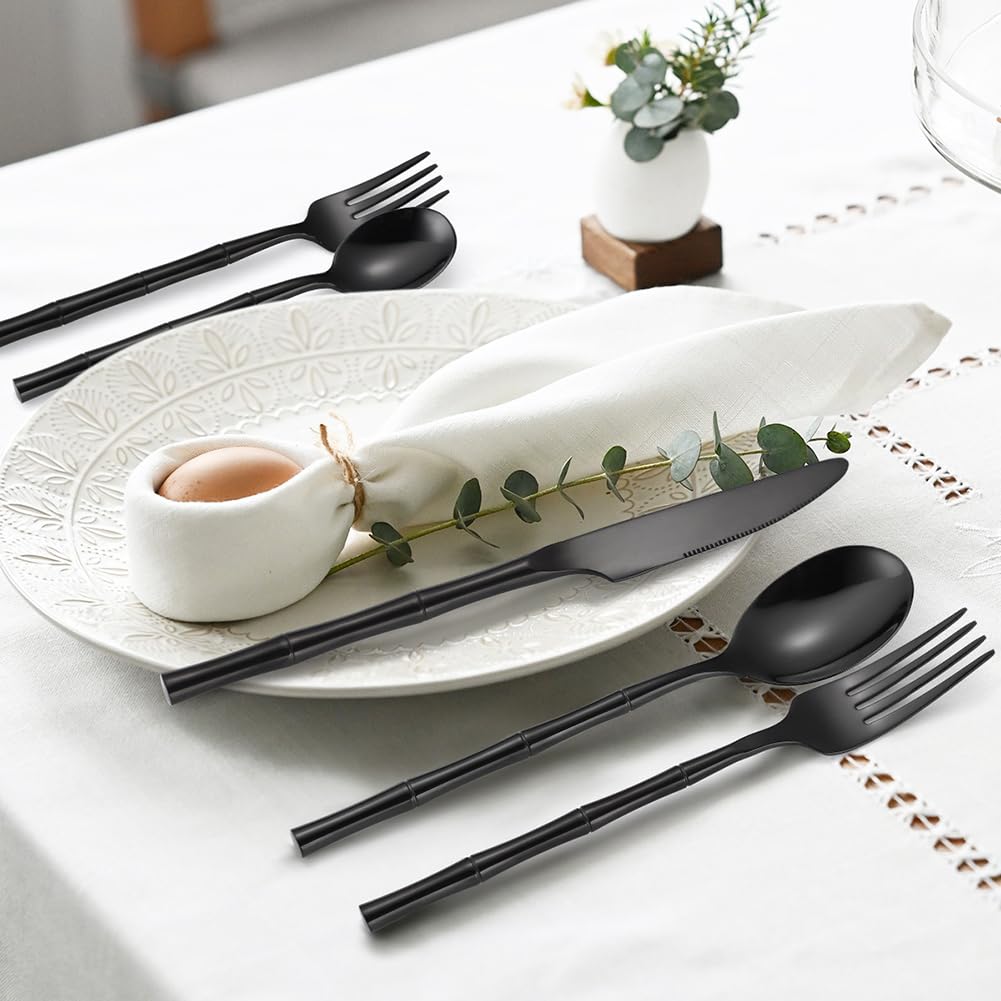 60 Piece Bamboo Shaped Flatware Set Service for 12, 18/10 Stainless Steel Black Bamboo Handle Silverware Cutlery Set For Home Kitchen Hotel Utensils, Mirror Polished, Dishwasher Safe