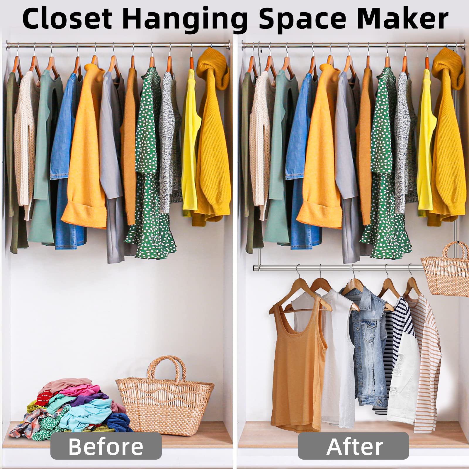 STARTOSTAR Closet Hanging Rod, Width and Height Adjustable Closet Extender Hanging Rod, Closet Hanging Organizer, Stainless Steel Double Closet Rod, Space-Saving Clothes Hanging Bar -1 Pack