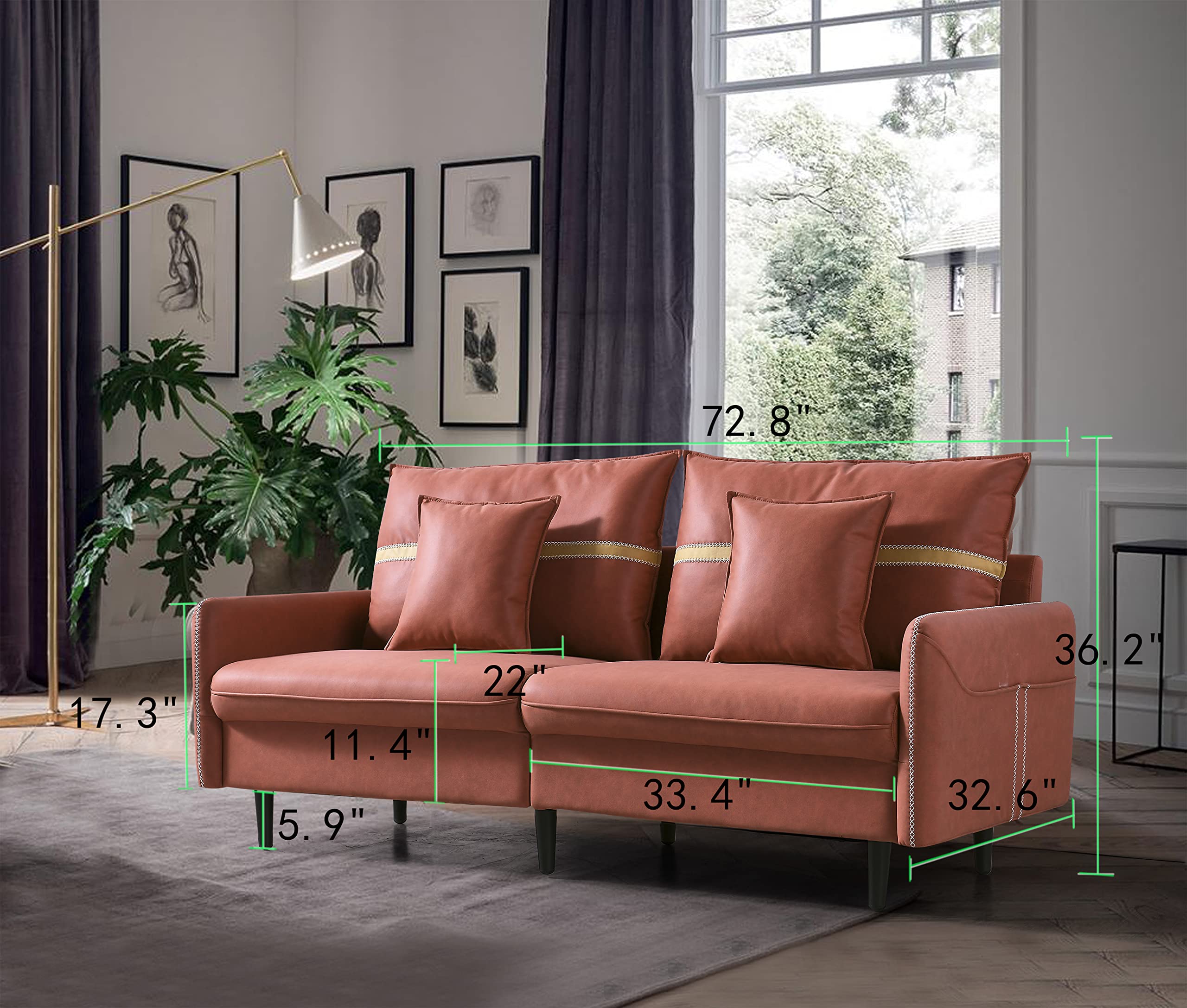 LCH 3 Durable Couch, Mid-Century Tufted Love Seat,Practical Comfortable, Suitable for Living Room, Bedroom, Office and Apartment,2 Pillows Included, Three-Seater Sofa,Orange