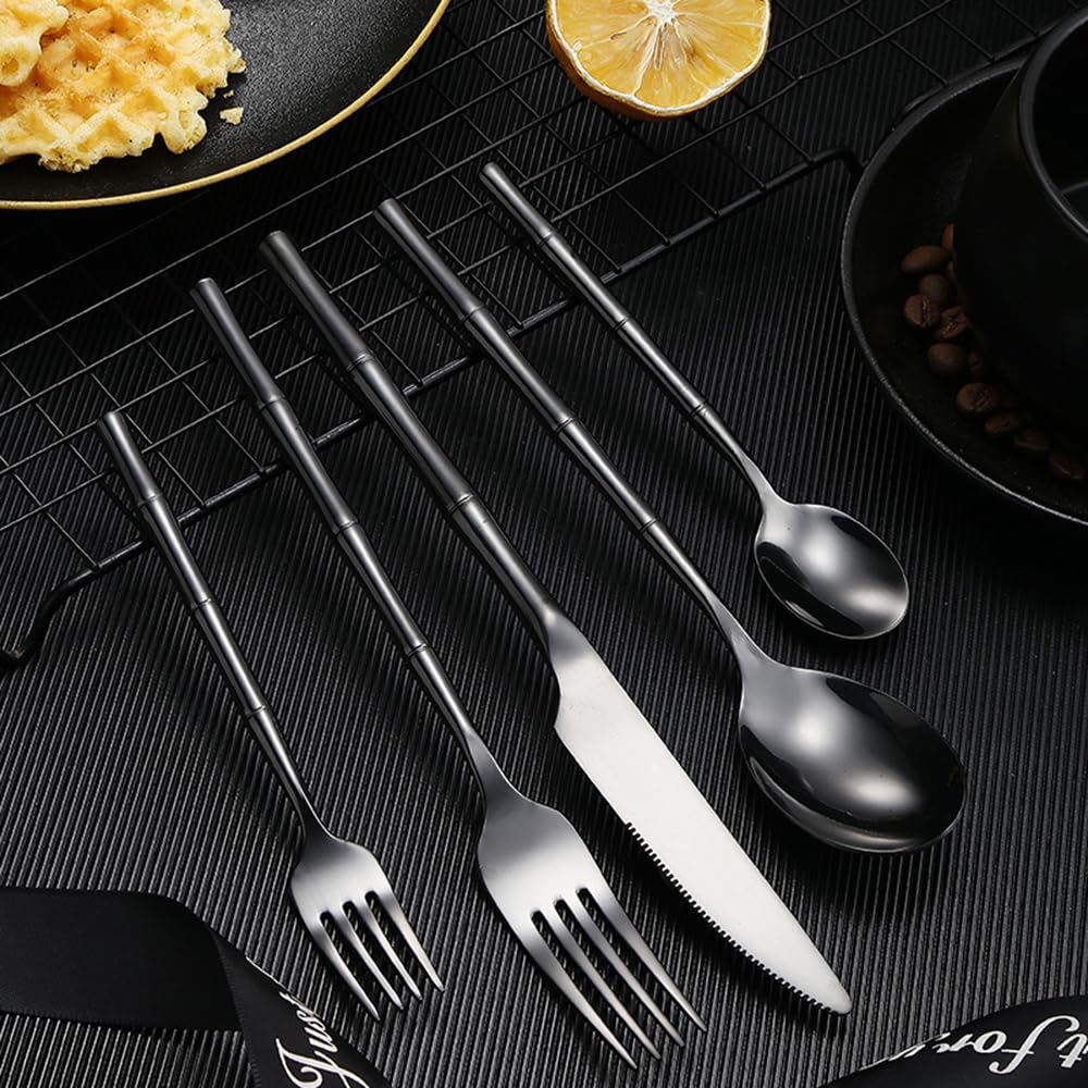 60 Piece Bamboo Shaped Flatware Set Service for 12, 18/10 Stainless Steel Black Bamboo Handle Silverware Cutlery Set For Home Kitchen Hotel Utensils, Mirror Polished, Dishwasher Safe