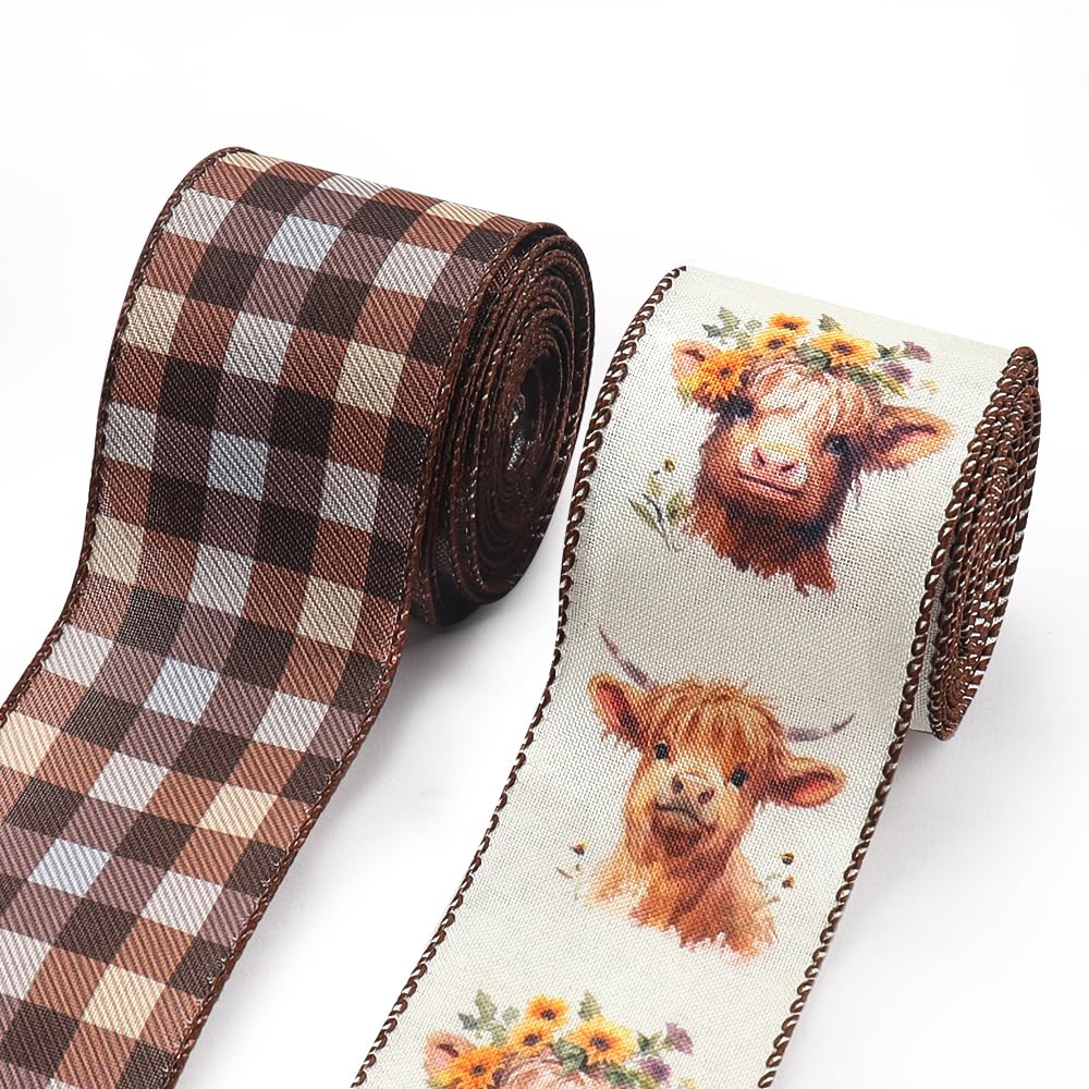 Estivaux 2 Rolls Alpine Cattle Ribbons for Crafting, Spring Wired Edge Ribbon Natural Buffalo Plaid Ribbon Bow Autumn Calf Farmhouse Ribbon for Gift Wrapping Birthday Wedding Decorations Supplies