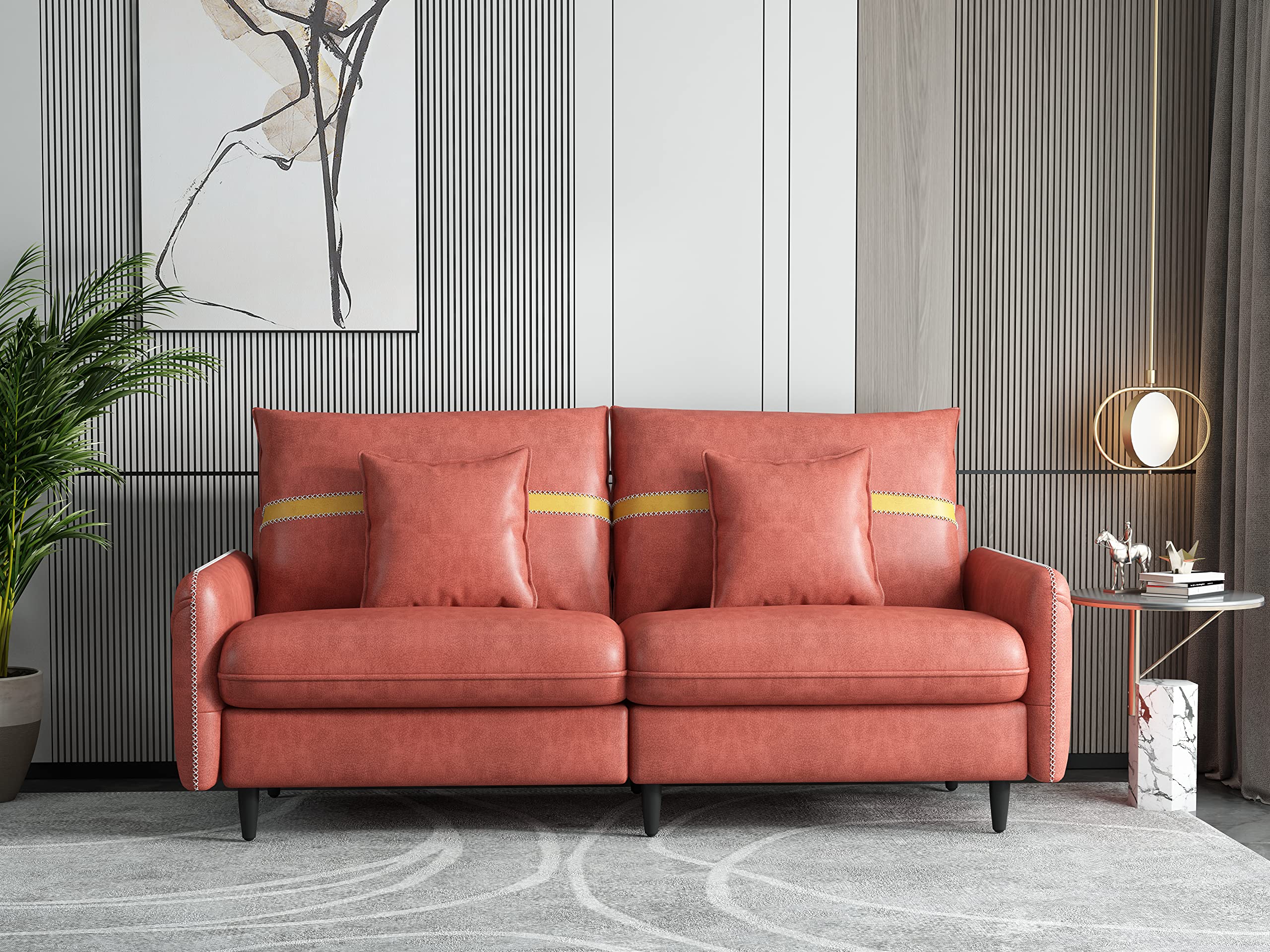 LCH 3 Durable Couch, Mid-Century Tufted Love Seat,Practical Comfortable, Suitable for Living Room, Bedroom, Office and Apartment,2 Pillows Included, Three-Seater Sofa,Orange
