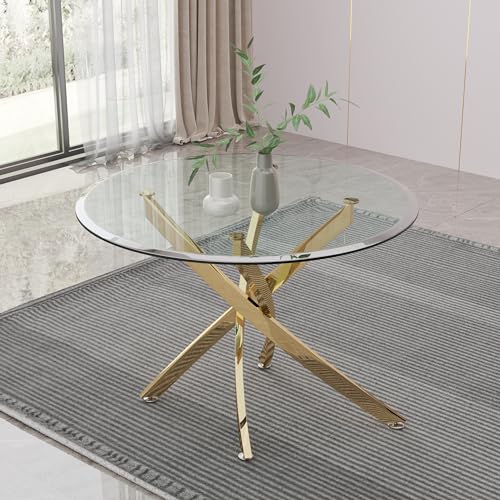36" Round Dining Table for 4, Glass Kitchen & Dining Room Tables, Modern Circle Dining Room Table with 0.39" Tempered Glass Tabletop and Cross Stainless Steel Legs for Dinner Small Spaces