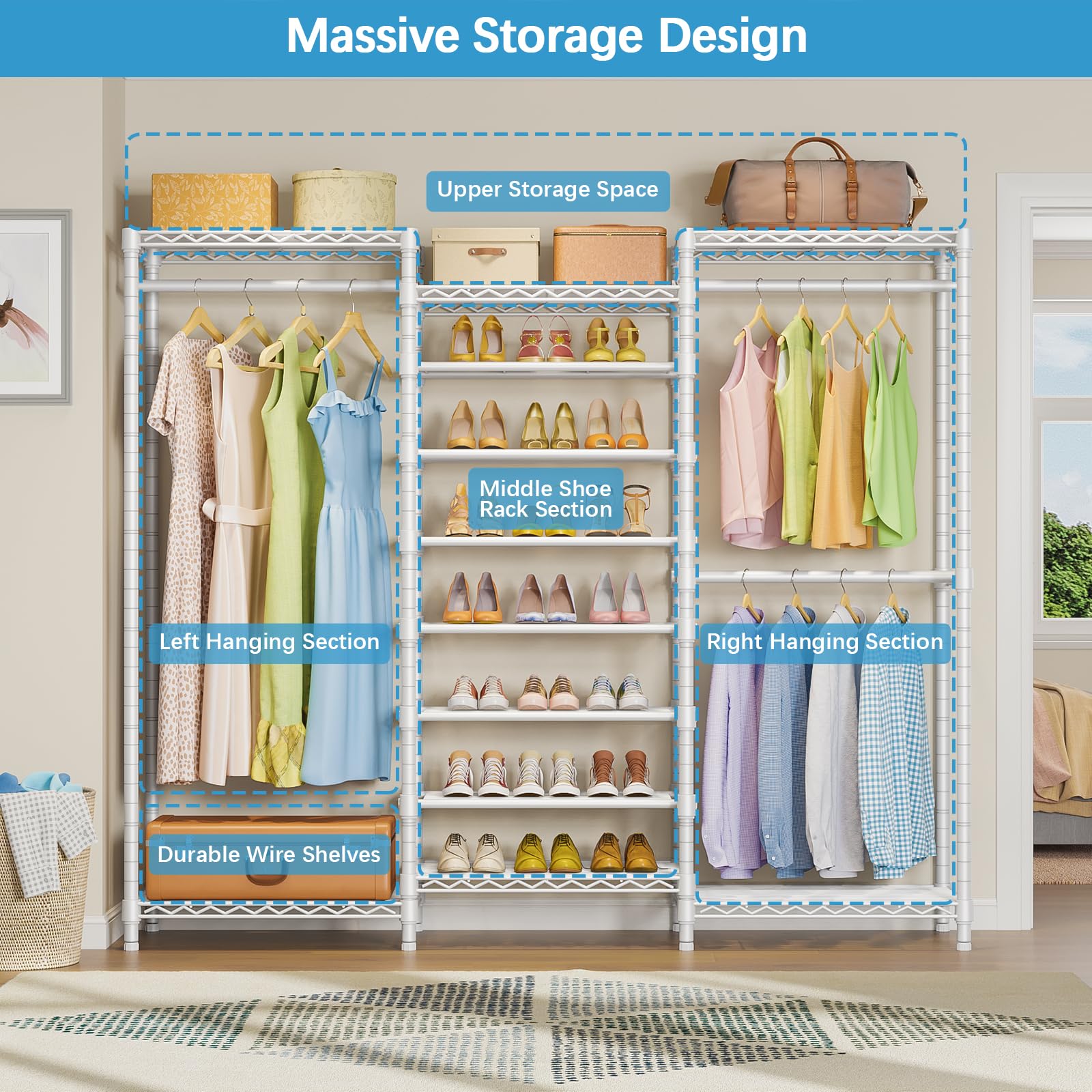 VIPEK S3 Freestanding Clothes Rack Heavy Duty Garment Rack 6-Tier Shoe Racks Closet Storage Organizer Large Wardrobe, Hanging Rod, Adjustable Metal Shelf, 68.9" L x 15.7" W x 76.4" H, White