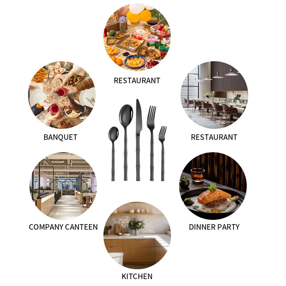 60 Piece Bamboo Shaped Flatware Set Service for 12, 18/10 Stainless Steel Black Bamboo Handle Silverware Cutlery Set For Home Kitchen Hotel Utensils, Mirror Polished, Dishwasher Safe