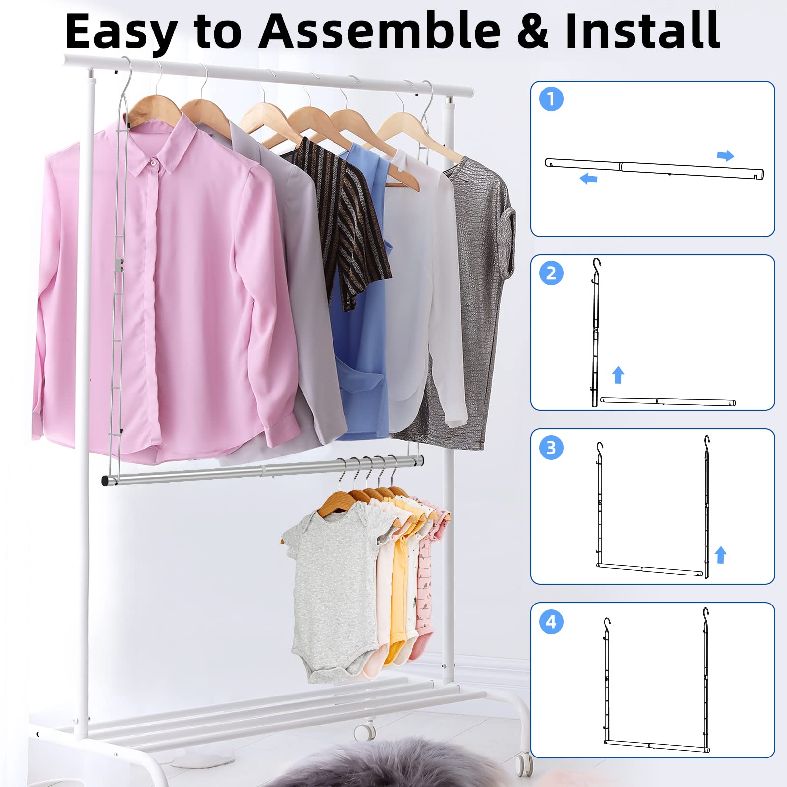 STARTOSTAR Closet Hanging Rod, Width and Height Adjustable Closet Extender Hanging Rod, Closet Hanging Organizer, Stainless Steel Double Closet Rod, Space-Saving Clothes Hanging Bar -1 Pack