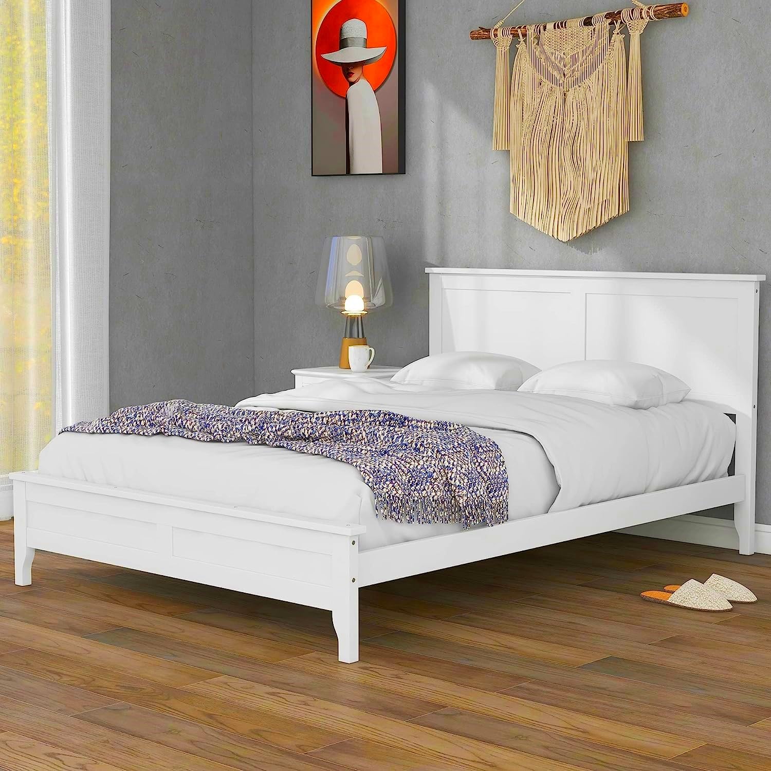 Harper & Bright Designs Full Size Platform Bed with Headboard, Modern Wooden Full Bed Frame with Slat Support, Full Size Beds for Kids Teens Adults, No Box Spring Need, White