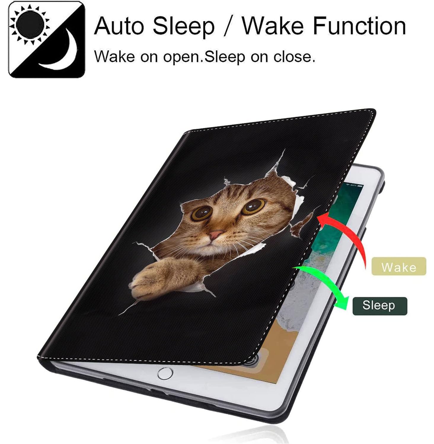 Case for iPad 9th / 8th / 7th Generation (2021/2020/2019) 10.2 inch/iPad Air 10.5" 2019 / iPad Pro 10.5", Leather Smart Cover with Auto Wake/Sleep, Funny Cat