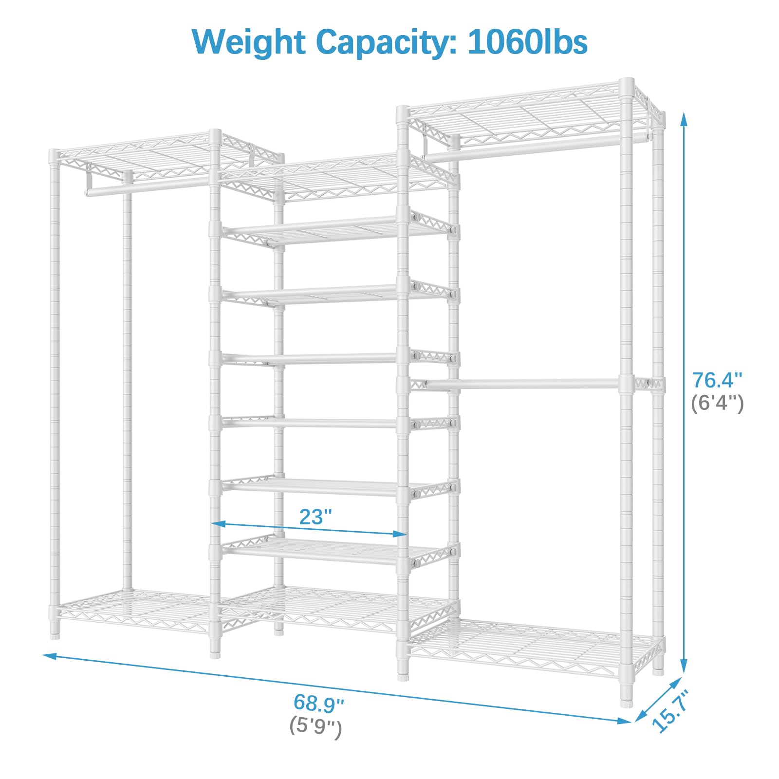 VIPEK S3 Freestanding Clothes Rack Heavy Duty Garment Rack 6-Tier Shoe Racks Closet Storage Organizer Large Wardrobe, Hanging Rod, Adjustable Metal Shelf, 68.9" L x 15.7" W x 76.4" H, White
