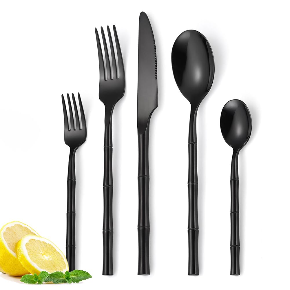 60 Piece Bamboo Shaped Flatware Set Service for 12, 18/10 Stainless Steel Black Bamboo Handle Silverware Cutlery Set For Home Kitchen Hotel Utensils, Mirror Polished, Dishwasher Safe