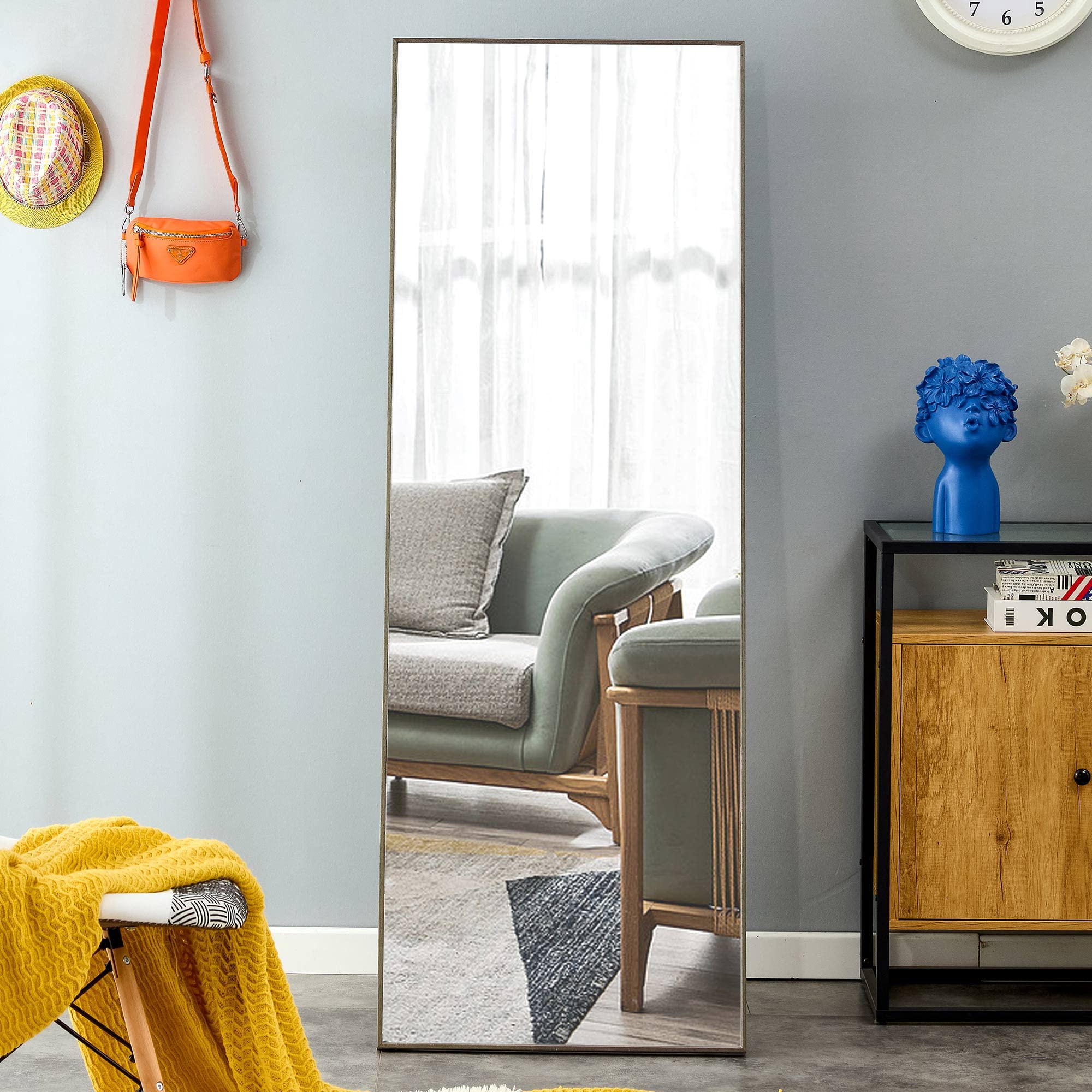 CIATRE Solid Wood Frame Full-Length Mirror - Dressing Mirror for Bedroom, Home Porch, and Clothing Store - Floor Mounted or Wall Mounted - 65" x 23"