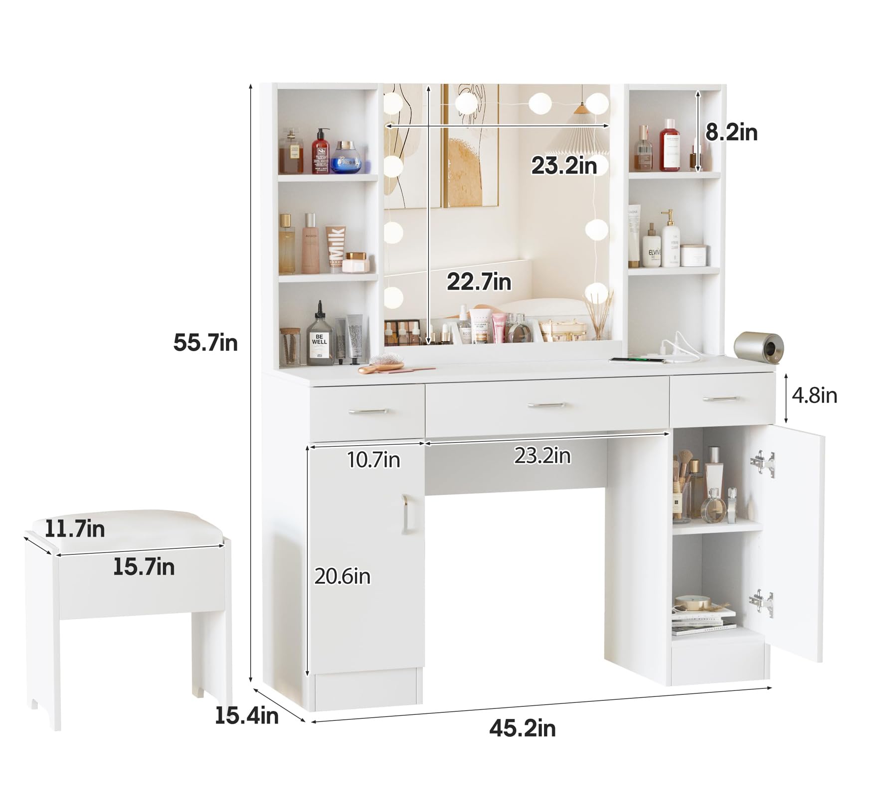Vabches Makeup Vanity Table with Lighted Mirror & Power Strip, Large Vanity Set Vanity Desk with Lots Storage, 3 Lighting Modes, Brightness Adjustable, 45.2in(L)
