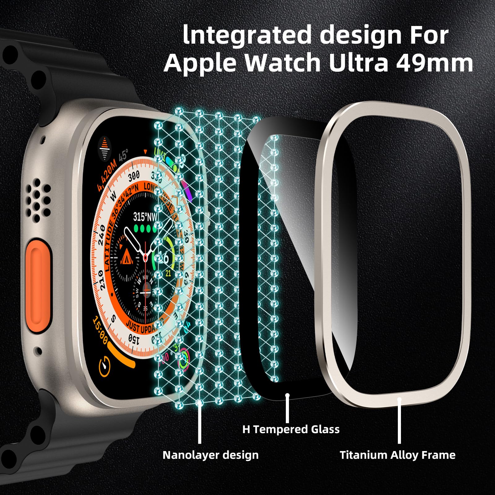 OXWALLEN 2 Pack Metal Case Compatible with Apple Watch Ultra 1/2 49mm Screen Protector with Built-in Tempered Glass, Rugged Frame Clear Film for iWatch Ultra 1/2 49mm, Titanium Color
