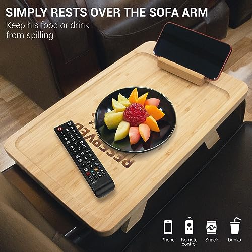 HUGGIB Natural Bamboo Sofa Arm Tray, 12.8 in Width, 12 in Length, 5.5 in Height, with 360 Rotating Bracket for Convenient Use