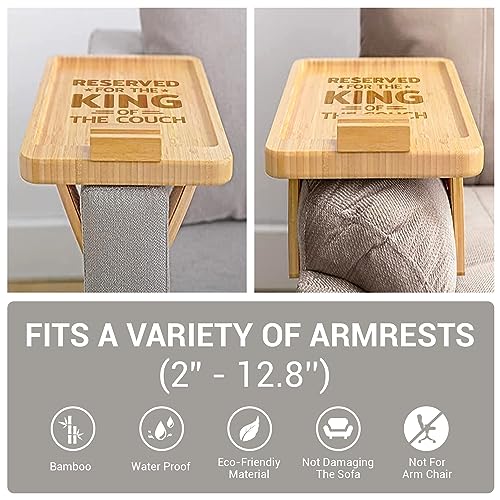 HUGGIB Natural Bamboo Sofa Arm Tray, 12.8 in Width, 12 in Length, 5.5 in Height, with 360 Rotating Bracket for Convenient Use