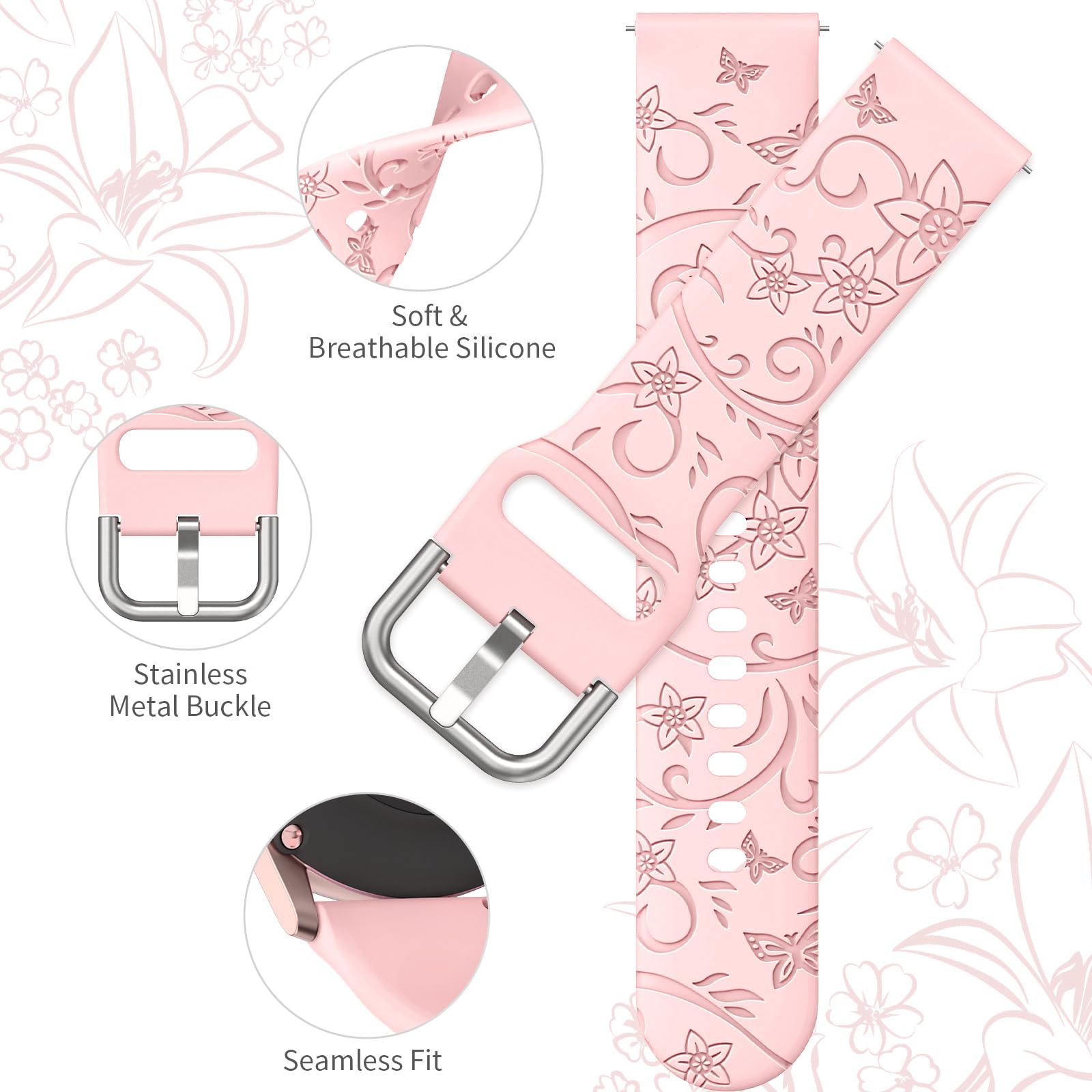 SuperNaNa Floral Design 3 Pack Samsung Galaxy Watch Bands for Women, Elegant Butterfly and Wildflower Engravings, 20mm Width, Quick Release, Soft Silicone