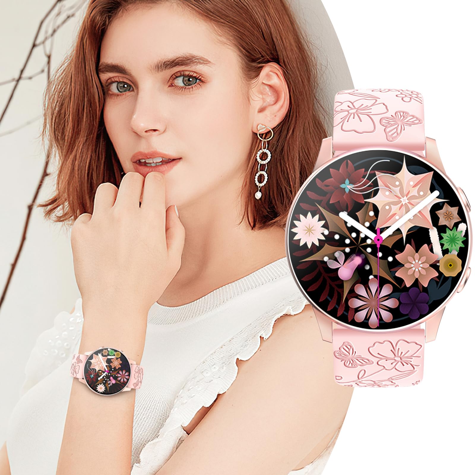 SuperNaNa Floral Design 3 Pack Samsung Galaxy Watch Bands for Women, Elegant Butterfly and Wildflower Engravings, 20mm Width, Quick Release, Soft Silicone