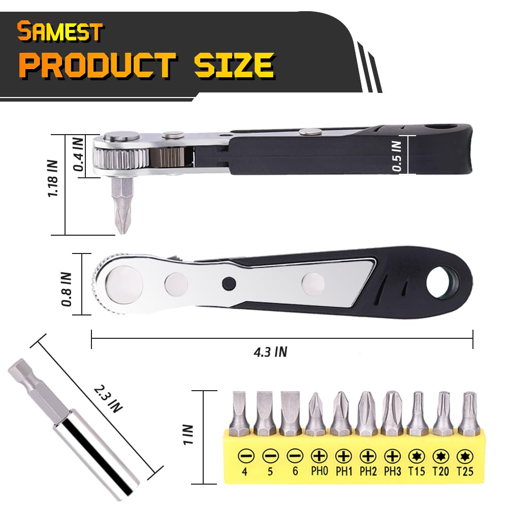 Samest 1/4” Mini Ratchet Set 12 Pieces Ratchet Screwdriver Set, 36-Tooth Reversible Premium Right Angle Ratchet, 90 Degree High Torque Mini Offset Reversible Drive Handle