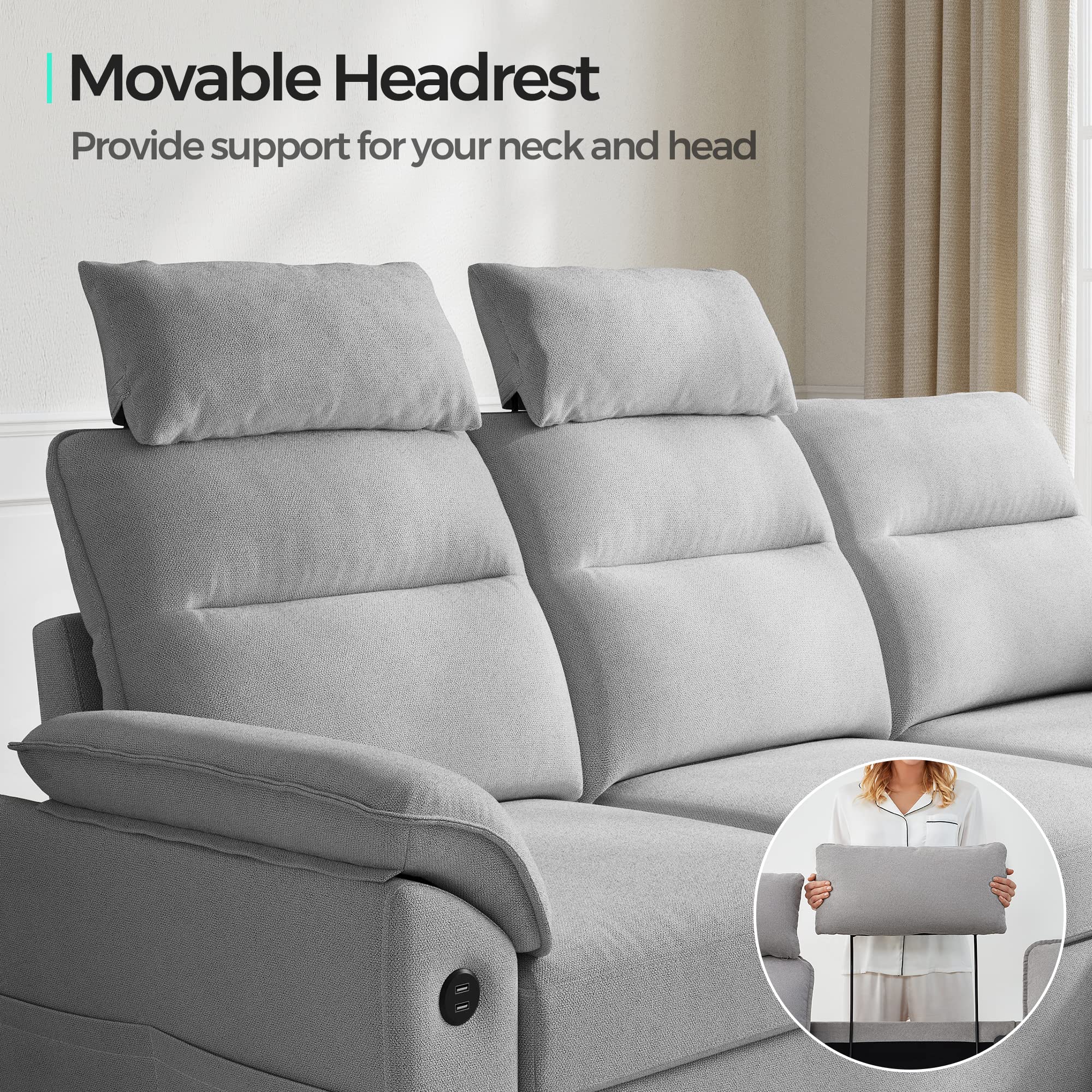 Sectional Sofa Couch, 3 Seat Small Couch with 2 USB Ports and Storage Pockets, Easy to Clean, Modern Small Sofa for Small Spaces, Living Room, Apartment, Gray