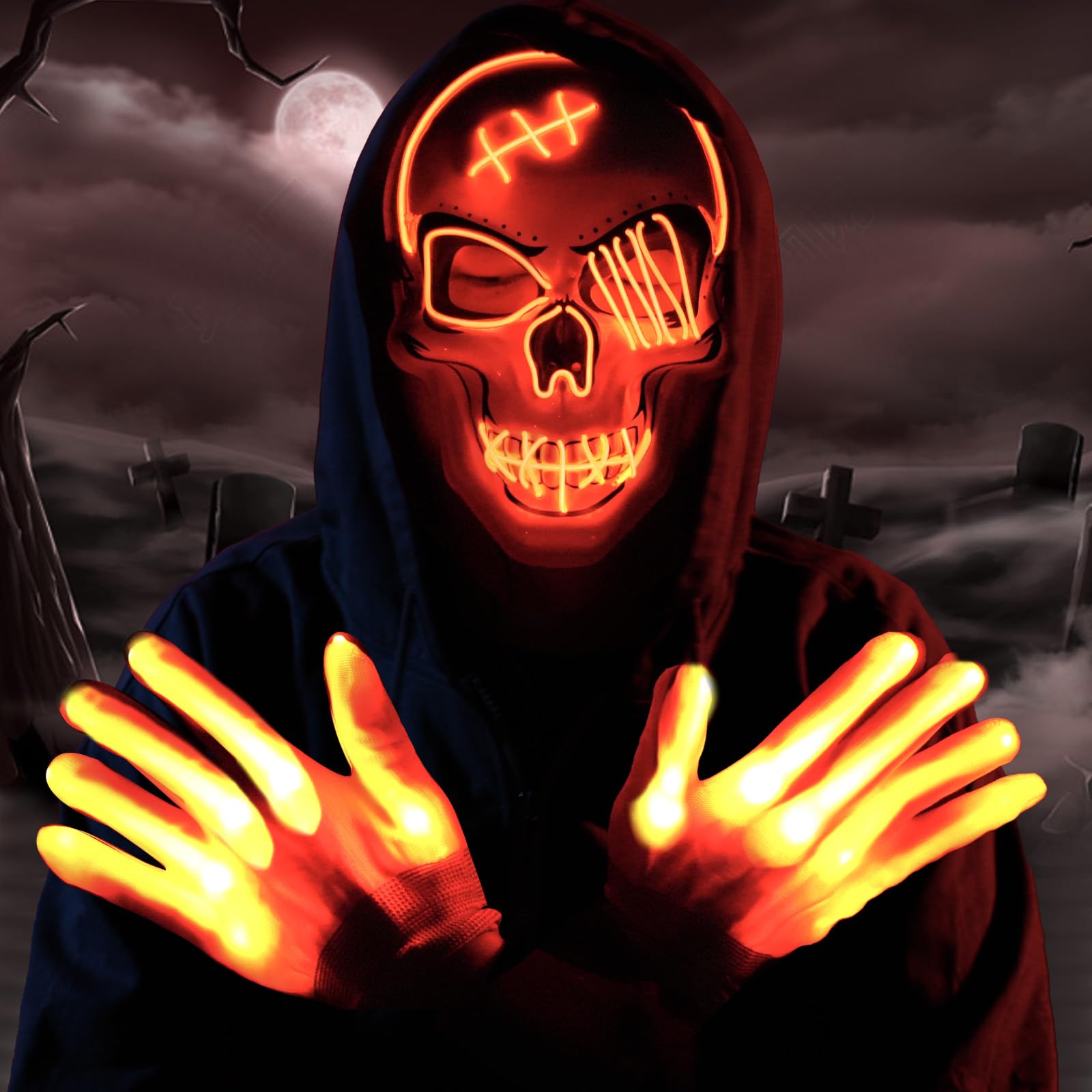 OceanWings Halloween LED Mask with Gloves Light up Costumes Scary Mask for Party Supplies Favor(Red&Gloves)