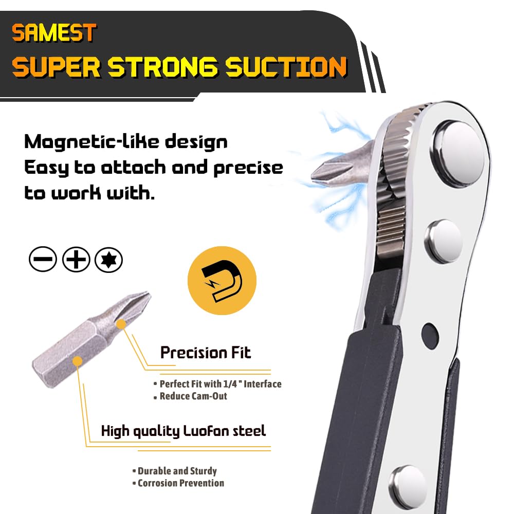Samest 1/4” Mini Ratchet Set 12 Pieces Ratchet Screwdriver Set, 36-Tooth Reversible Premium Right Angle Ratchet, 90 Degree High Torque Mini Offset Reversible Drive Handle