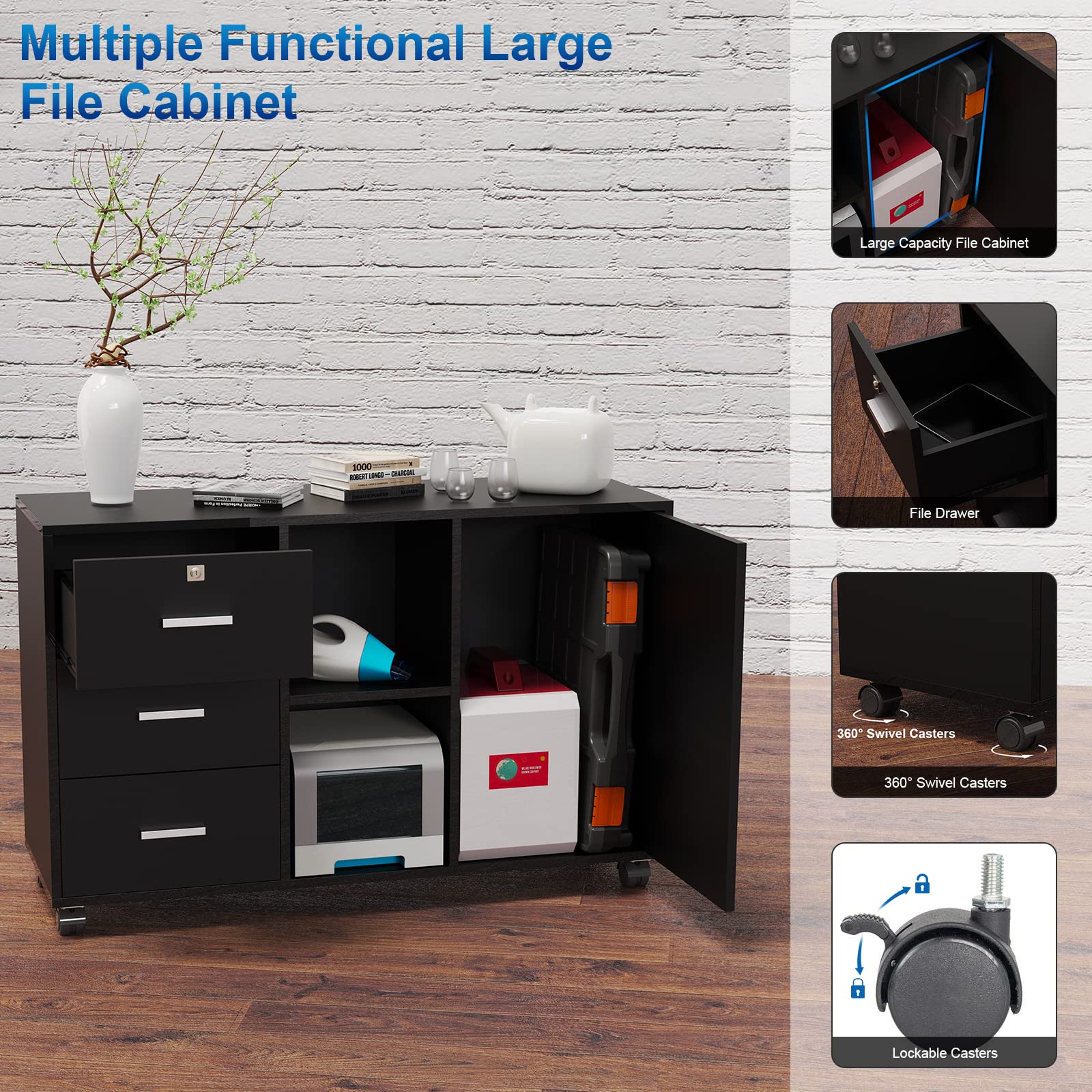 Mobile Lateral Filing Cabinet, Office Lateral File Cabinet with Lock Wood File Cabinet With Lock Office Storage Cabinet Office File Cabinet with Lock Wood Lateral File Cabinet For Home Office(Black)