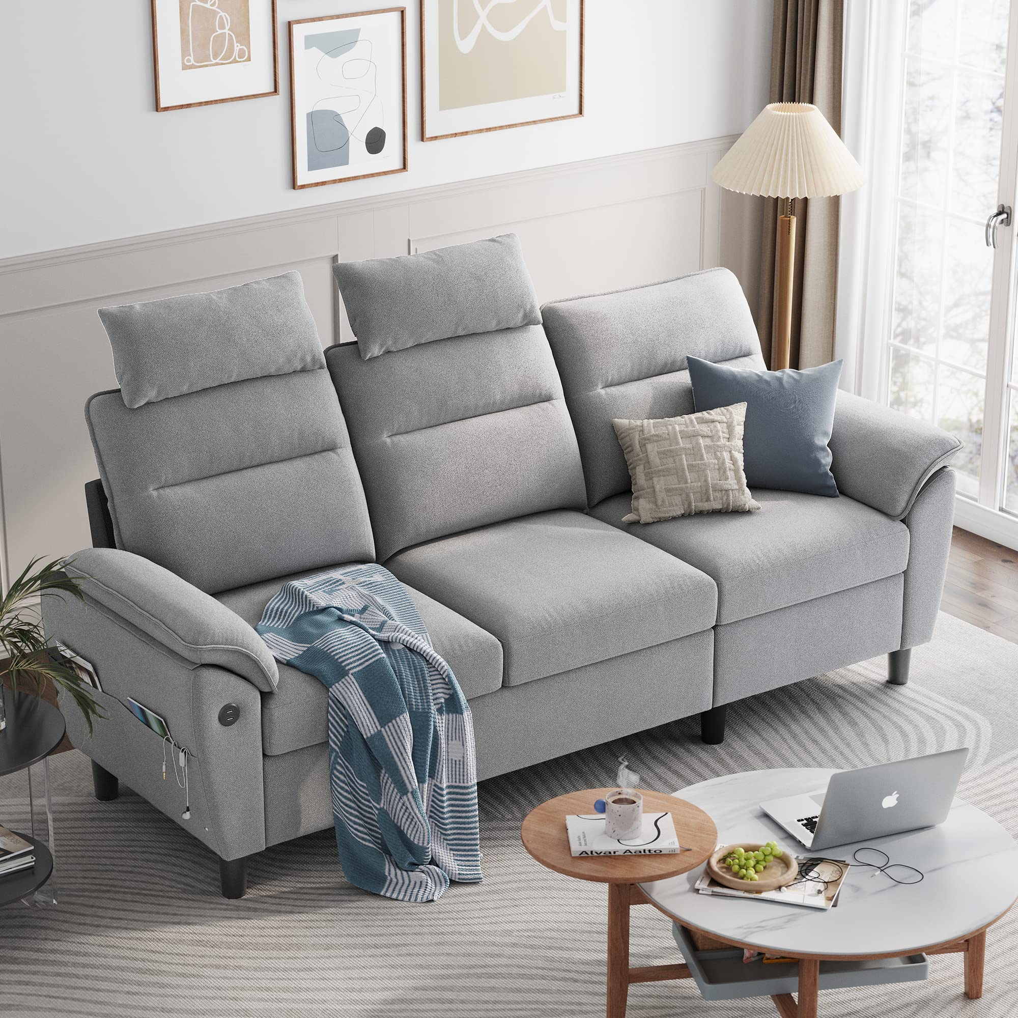 Sectional Sofa Couch, 3 Seat Small Couch with 2 USB Ports and Storage Pockets, Easy to Clean, Modern Small Sofa for Small Spaces, Living Room, Apartment, Gray