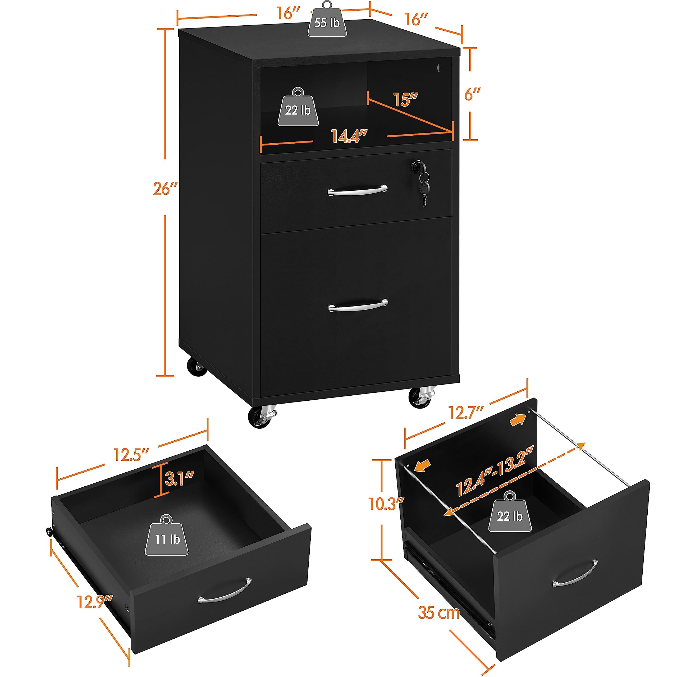 Yaheetech File Cabinet, Under Desk Vertical Cabinet with 2 Drawers and Open Compartment, Printer Stand with Lockable Wheels for A4 Letter Size Hangable File Folders for Home Office(Black)