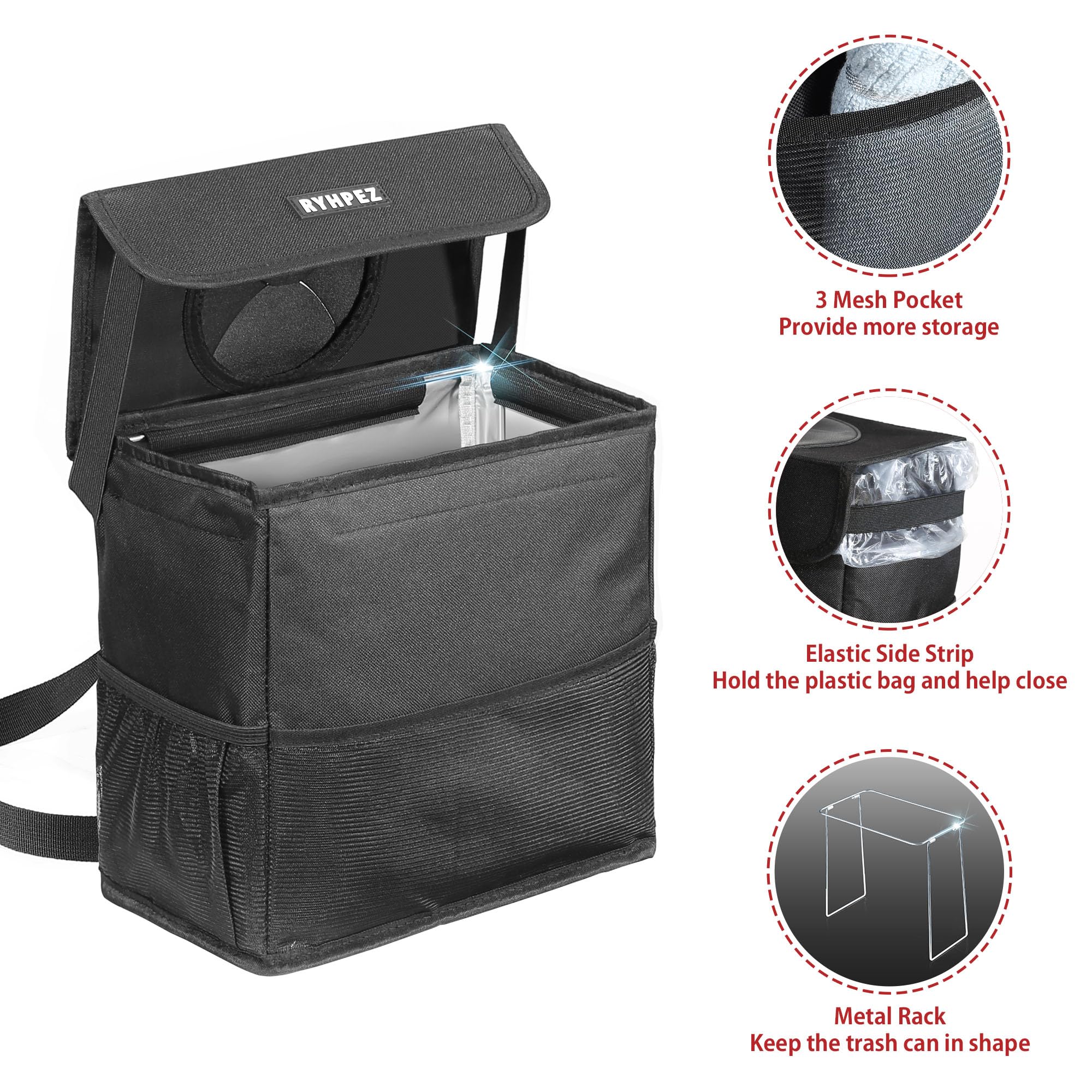 Ryhpez Car Trash Can with Lid - Car Trash Bag Hanging with Storage Pockets Collapsible and Portable Car Garbage Can with Metal Rack Support