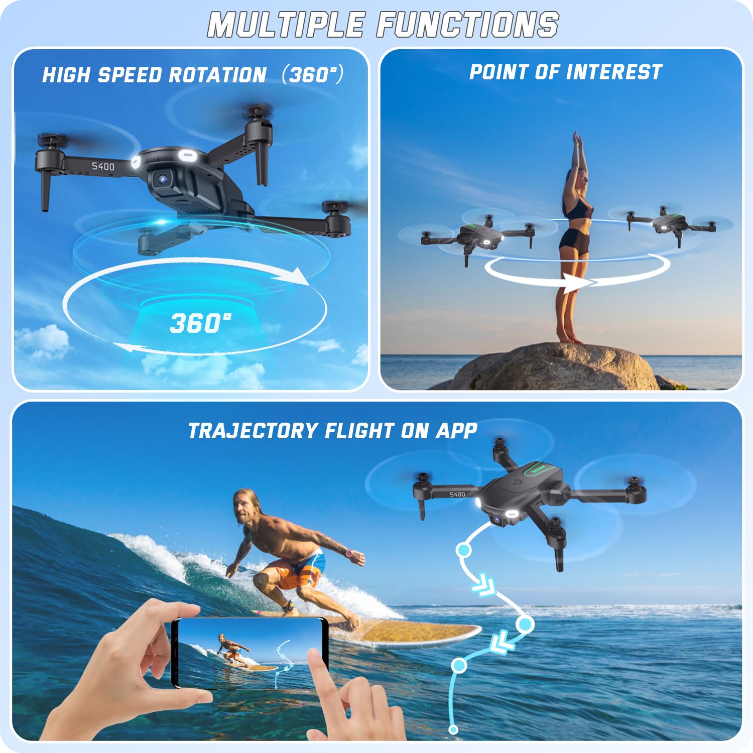 SOTAONE S400 Mini Drone for Kids with 1080P HD FPV Camera, Foldable Remote Control Helicopter Toys Gifts for Boys Girls with Auto-hovering, One Key Start/Land, Self-spin, 3D Flips 3 Speeds 2 Batteries