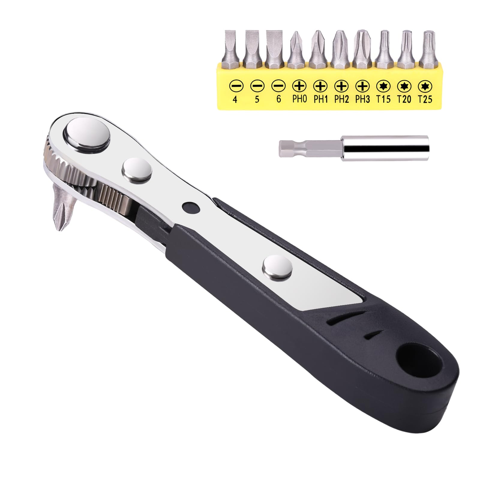 Samest 1/4â Mini Ratchet Set 12 Pieces Ratchet Screwdriver Set, 36-Tooth Reversible Premium Right Angle Ratchet, 90 Degree High Torque Mini Offset Reversible Drive Handle
