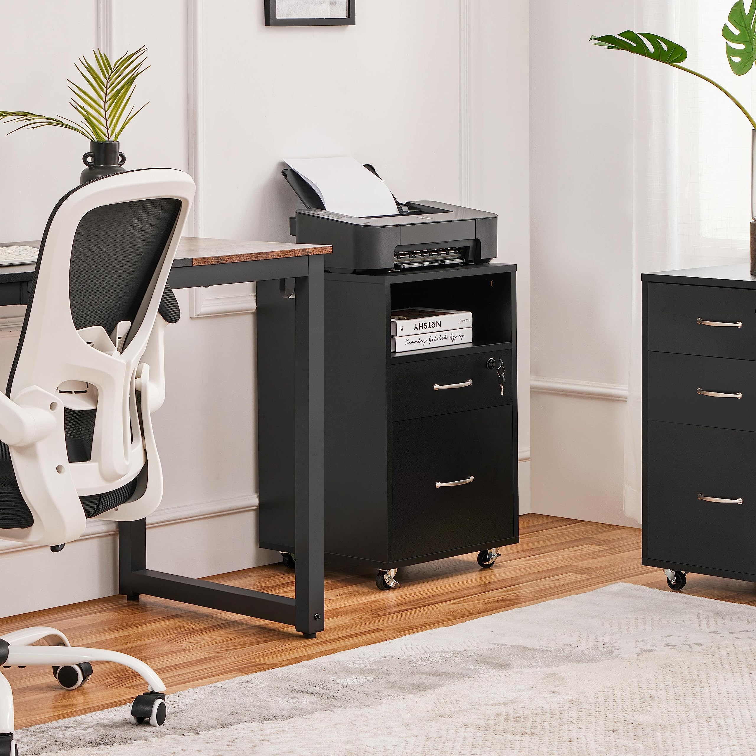 Yaheetech File Cabinet, Under Desk Vertical Cabinet with 2 Drawers and Open Compartment, Printer Stand with Lockable Wheels for A4 Letter Size Hangable File Folders for Home Office(Black)