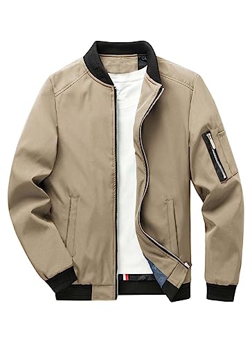 DOINLINE Men's Bomber Jackets Lightweight Casual Lightweight Coat Zipper Windbreaker Flight Varsity Jacket Khaki L