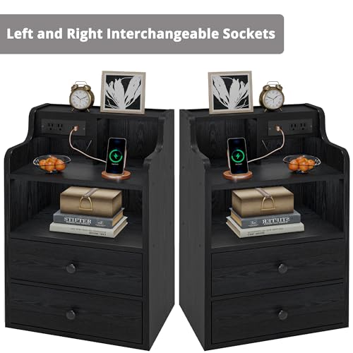 LIKIMIO Black Nightstand with LED Charging Station 2 Drawers and Storage Shelves, Left and Right Interchangeable Sockets Bed Side Table Night Stand with Drawer