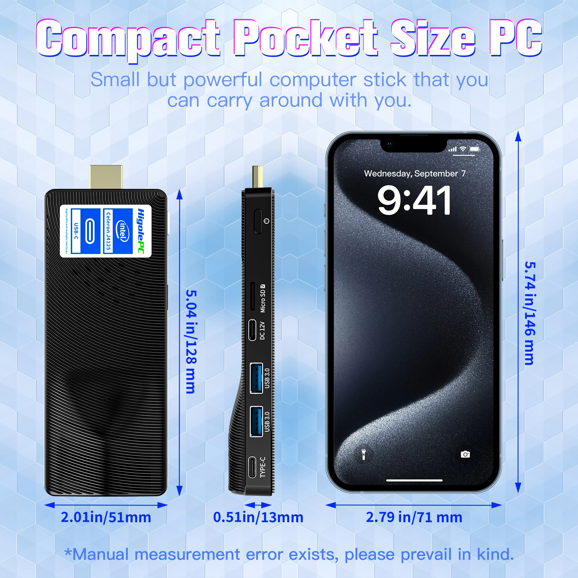 HIGOLEPC Mini PC Windows 11 Pro Celeron N4000 4GB/64GB,Micro Computer Stick PC USB PD3.0 and HDMI 4K Gigabit Ethernet,WiFi 5.0,BT 4.2, Mini Computer on Business Office Media Home