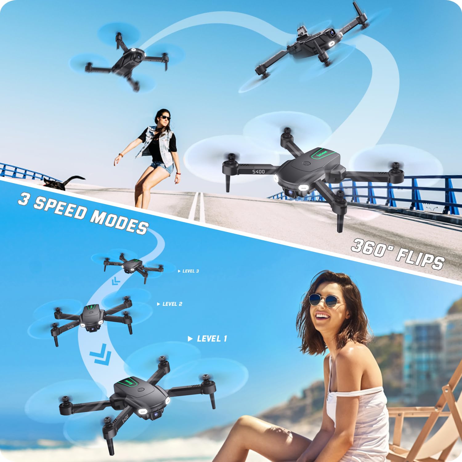SOTAONE S400 Mini Drone for Kids with 1080P HD FPV Camera, Foldable Remote Control Helicopter Toys Gifts for Boys Girls with Auto-hovering, One Key Start/Land, Self-spin, 3D Flips 3 Speeds 2 Batteries